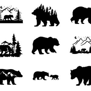 Bear SVG Bundle, Mountains Pine Trees Grizzly Bear SVG, Mama Bear Silhouette, Snowy Winter Scene ...