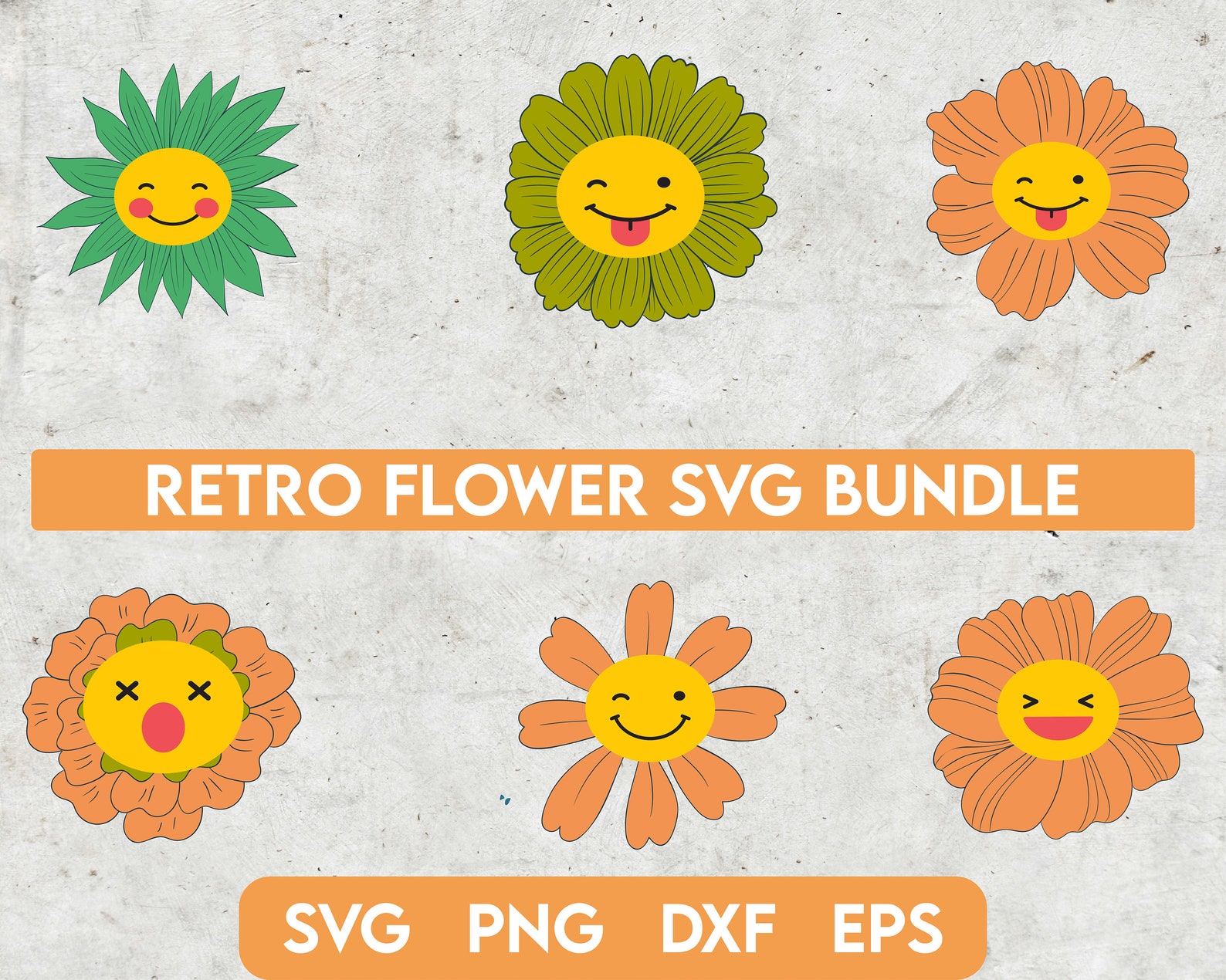 Retro Smiley Flowers Svg Bundle, Groovy Smiley Flower Svg, Retro Flower ...