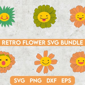 Retro Smiley Flowers Svg Bundle, Groovy Smiley Flower Svg, Retro Flower ...