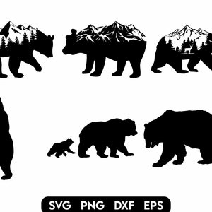 Bear SVG Bundle, Mountains Pine Trees Grizzly Bear SVG, Mama Bear Silhouette, Snowy Winter Scene ...
