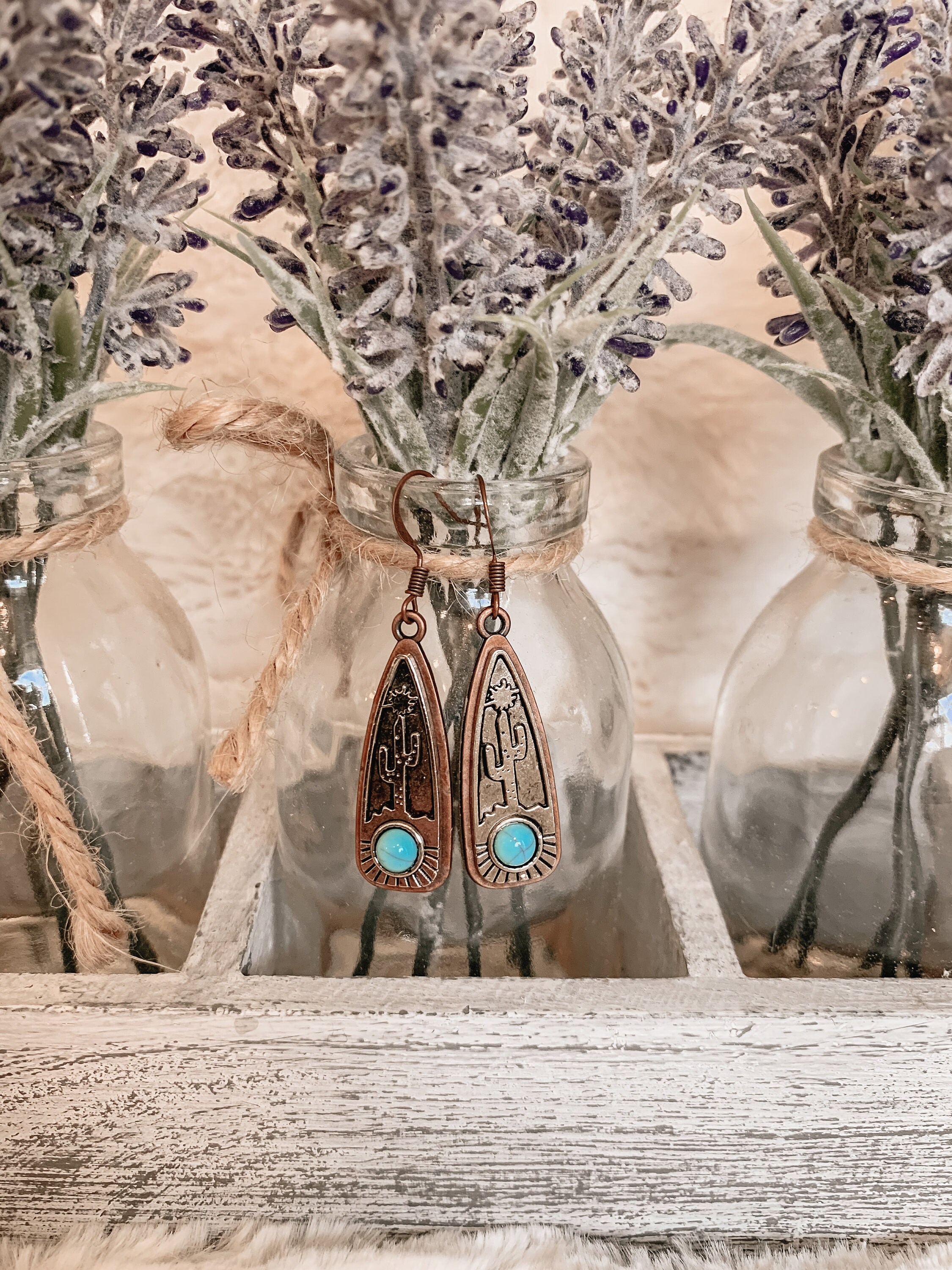 Western Antique Copper Turquoise Cactus Earrings Cactus - Etsy