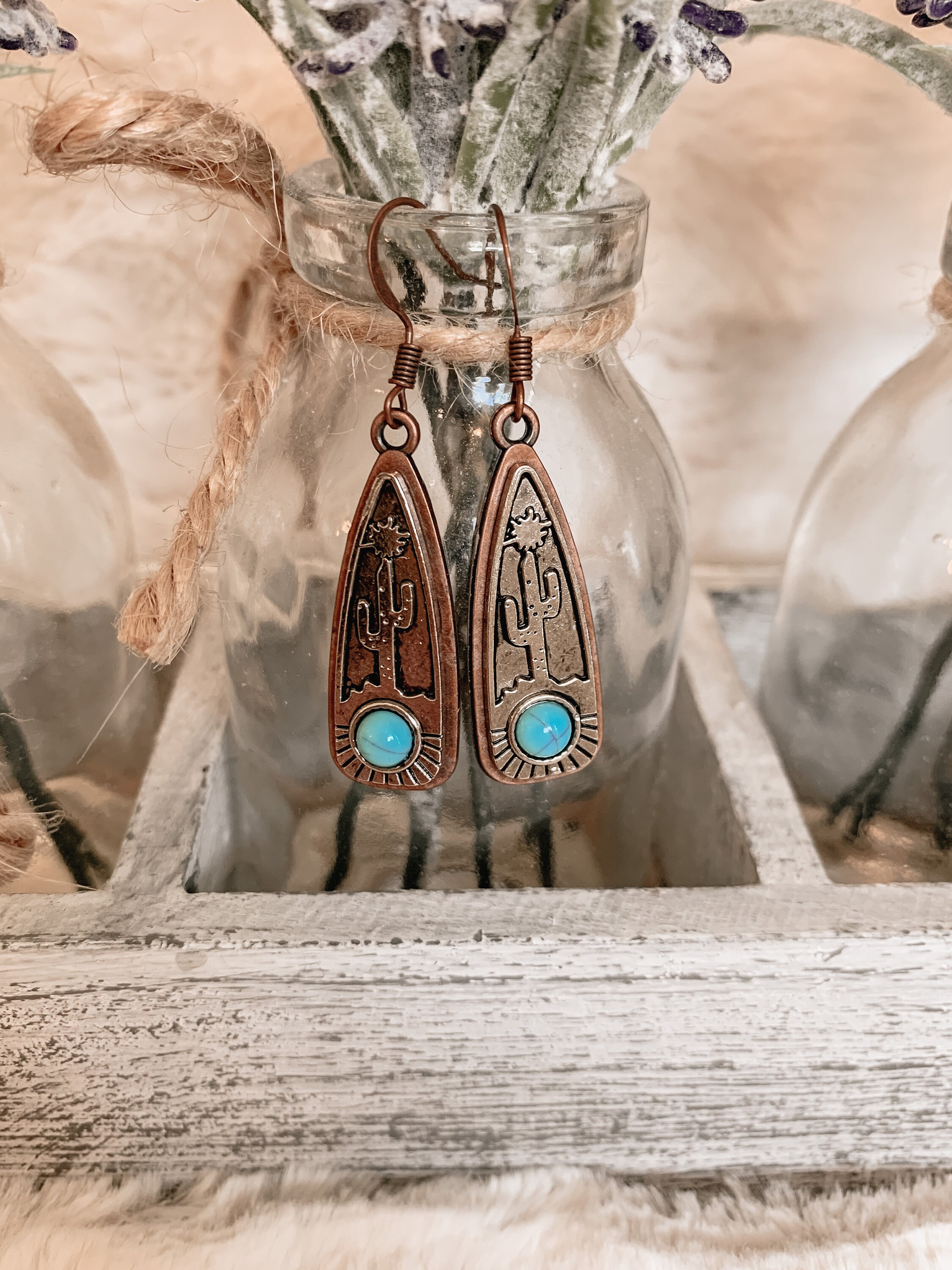 Western Antique Copper Turquoise Cactus Earrings Cactus - Etsy