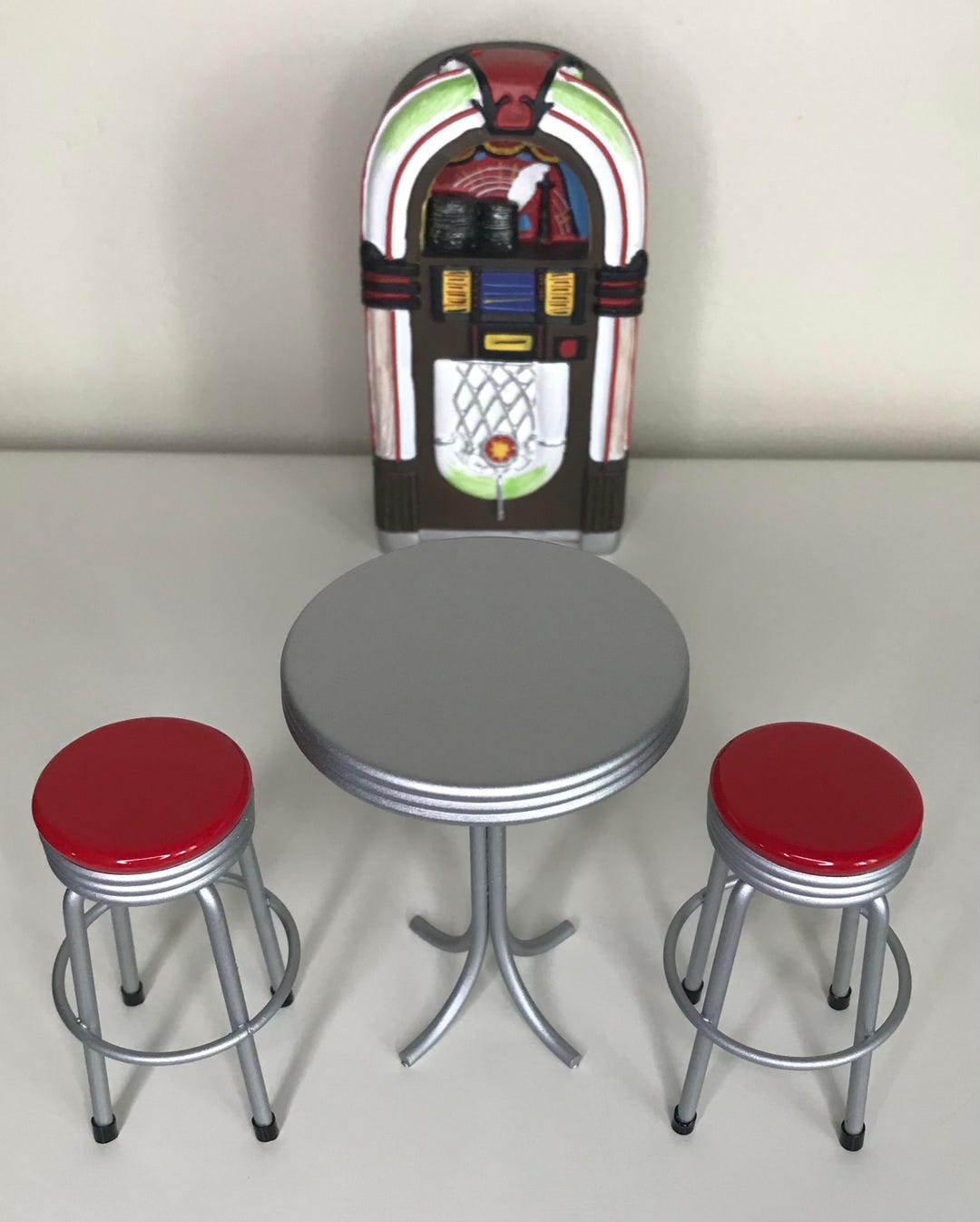 1950’s Diner Silver Round Table With 2 Barstools, Miniature Dollhouse 1 ...