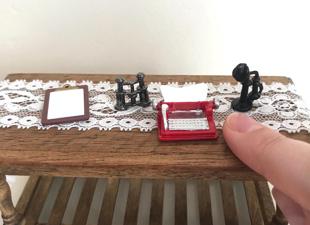 Mini 1:12 Scale Dollhouse Red Typewriter, Phone, Binoculars & Clipboard ...