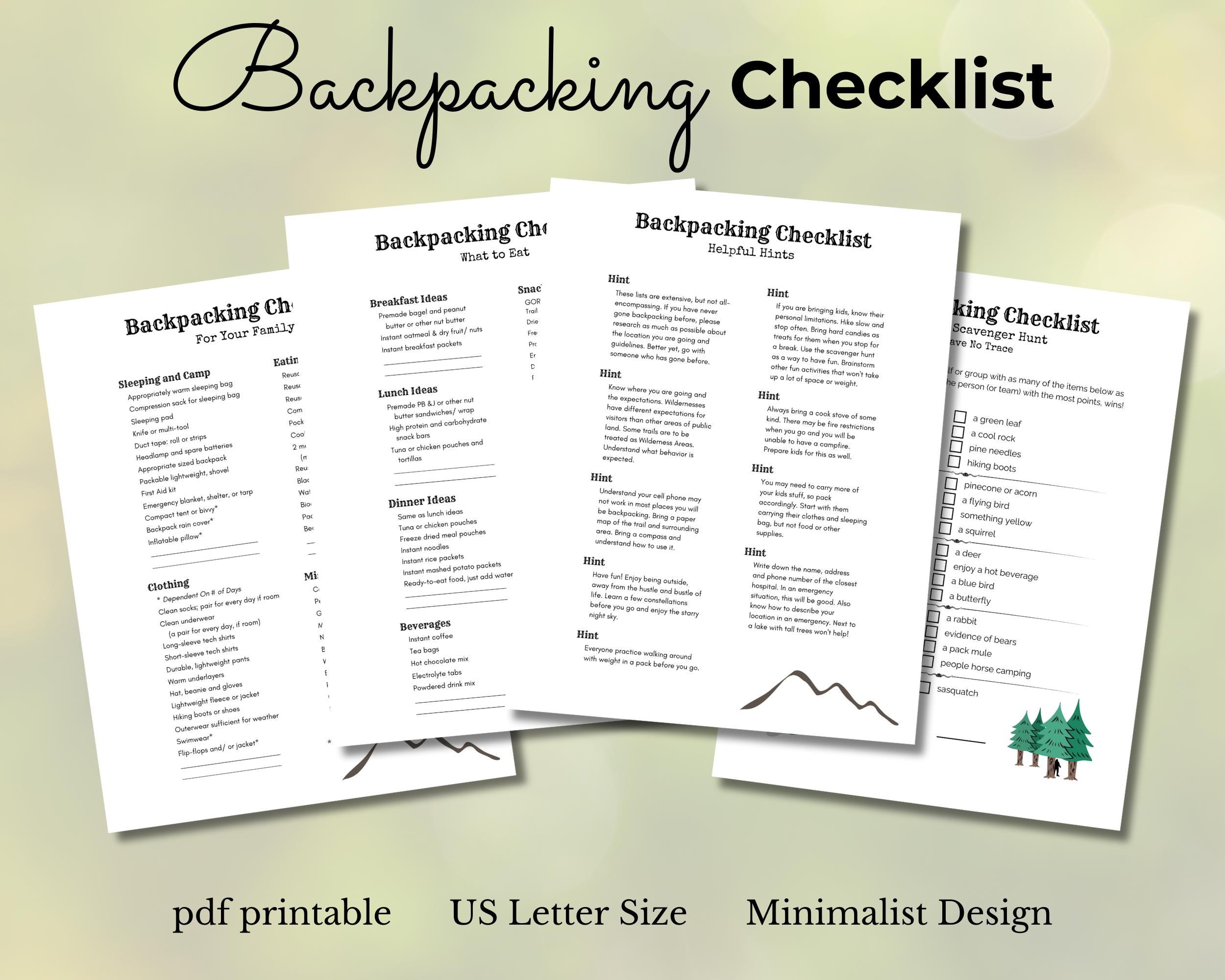 Backpacking Checklist Printable Leave No Trace List Backcountry Camping Kid Friendly Backpacking ...