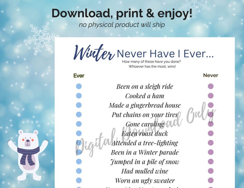 Winter Never Have I Ever Game, Holiday Party (digital Download) - Etsy