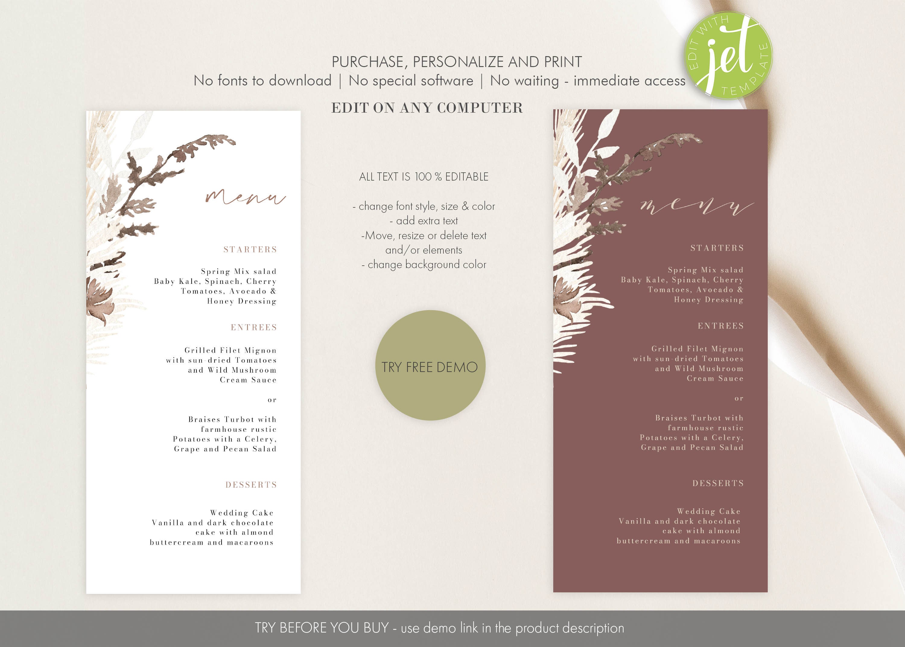 Pampas Grass Menu Template, Printable Wedding Menu, Editable Menu Card ...
