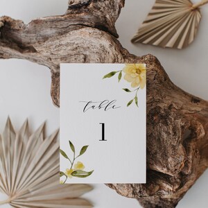 Yellow Printable Table Numbers, Floral Wedding Table Numbers Template ...