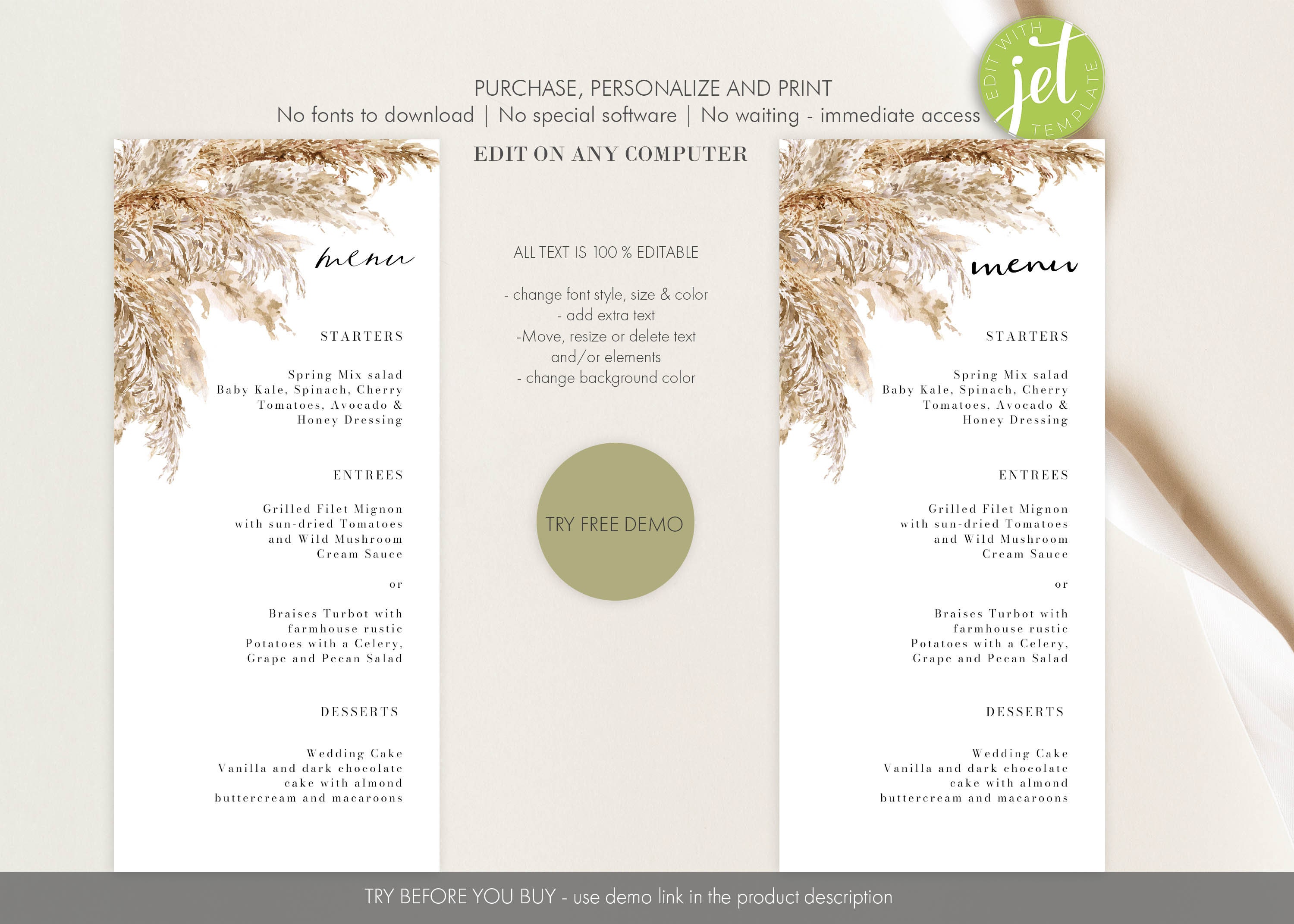 Pampas Grass Menu Template Printable Wedding Menu Editable - Etsy