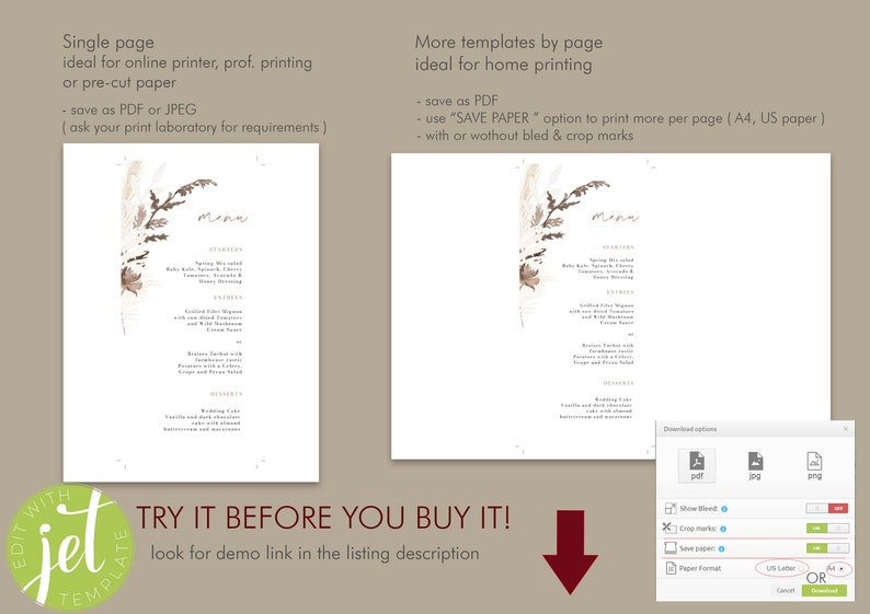 Pampas Grass Menu Template Printable Wedding Menu Editable | Etsy