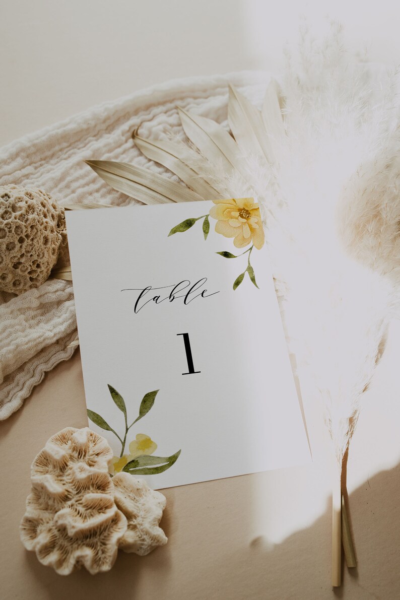 Yellow Printable Table Numbers, Floral Wedding Table Numbers Template ...