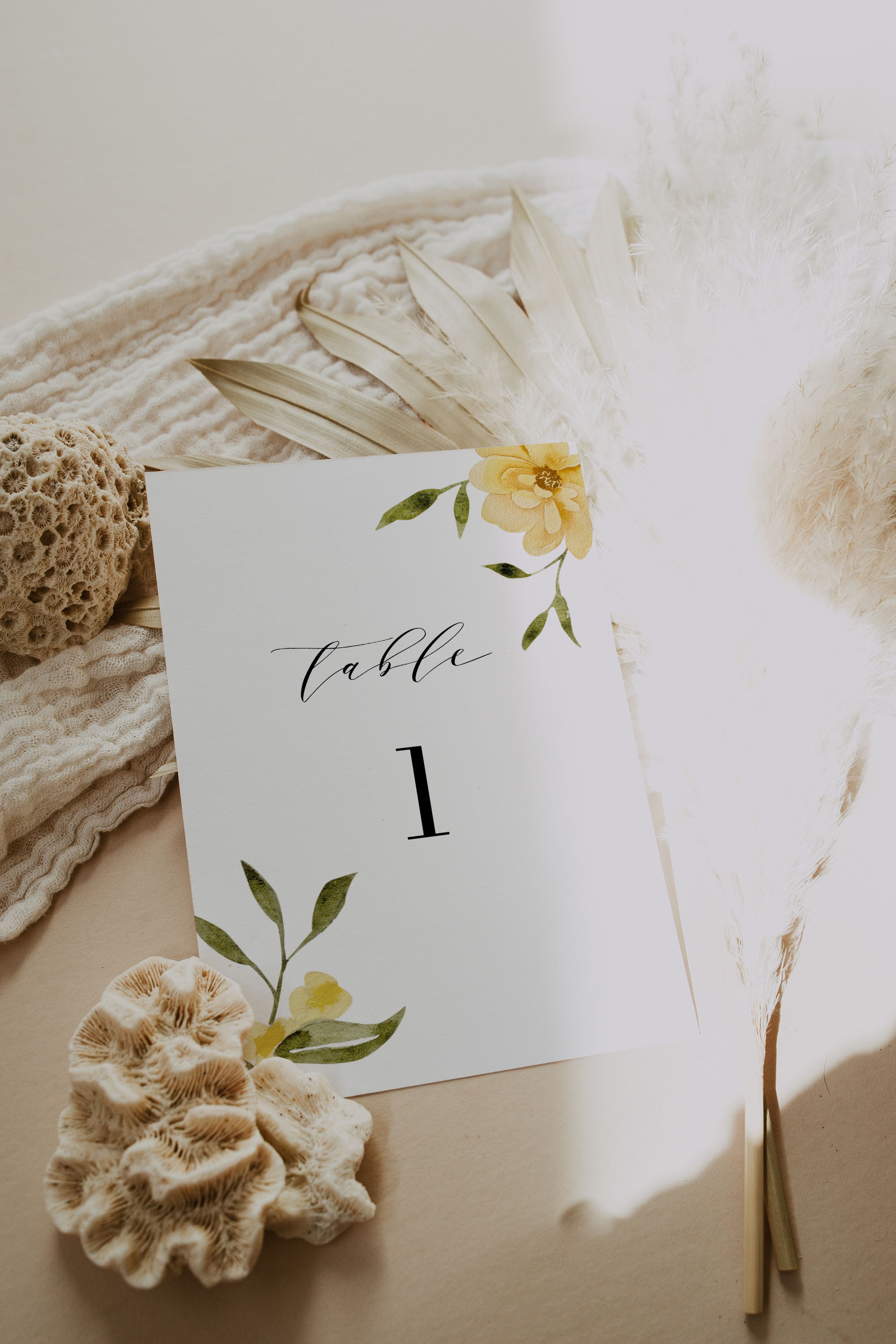 Yellow Printable Table Numbers, Floral Wedding Table Numbers Template ...