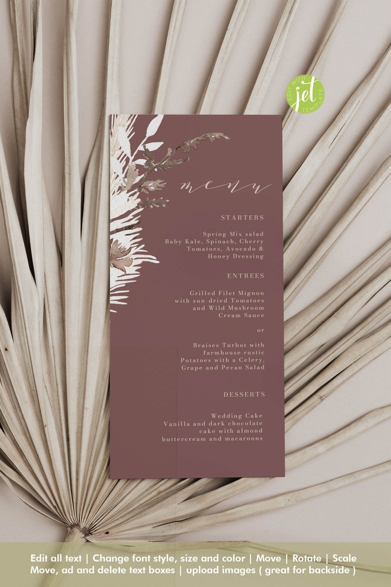 Pampas Grass Menu Template, Printable Wedding Menu, Editable Menu Card ...