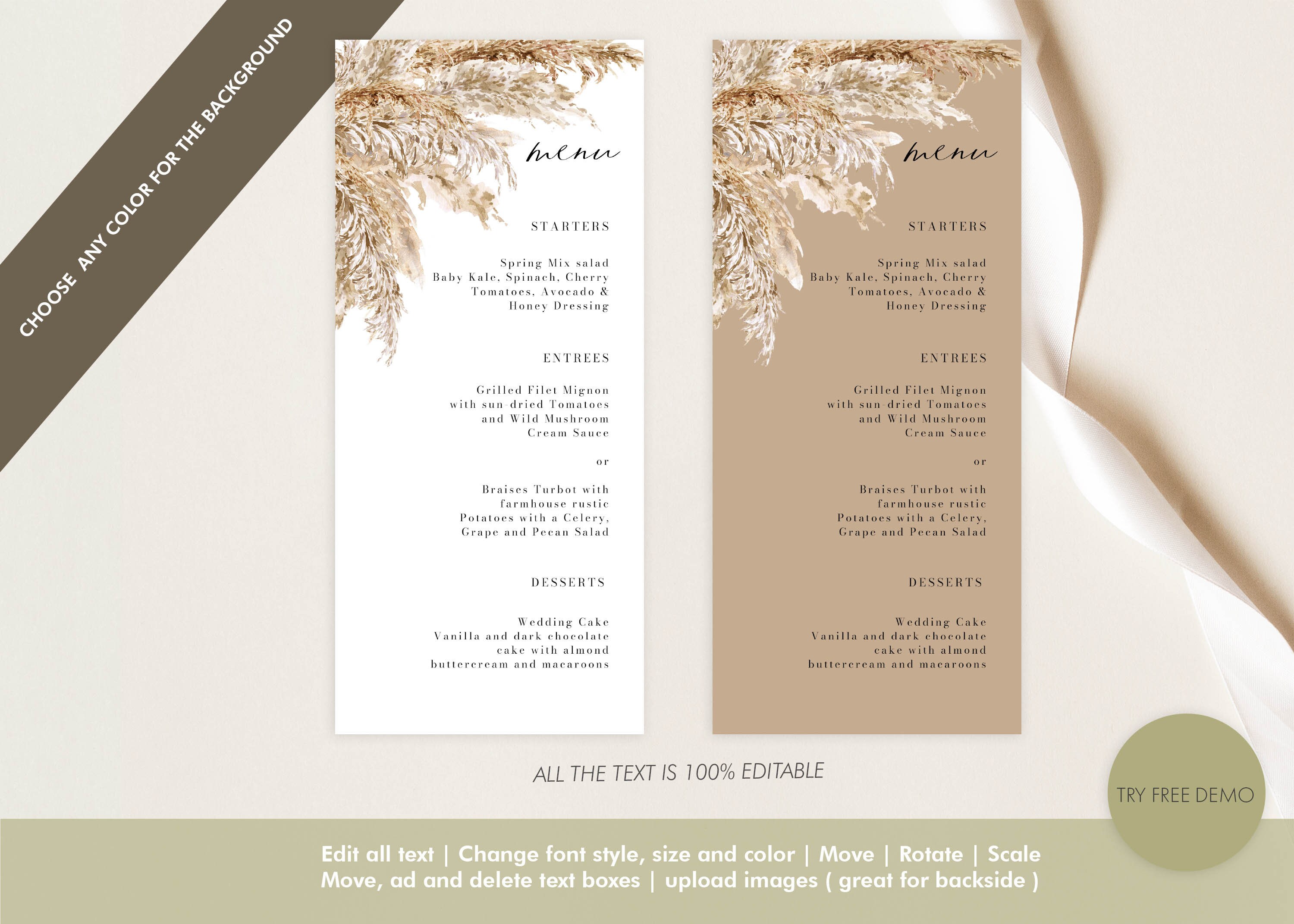 Pampas Grass Menu Template Printable Wedding Menu Editable - Etsy