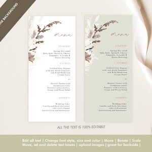 Pampas Grass Menu Template, Printable Wedding Menu, Editable Menu Card ...