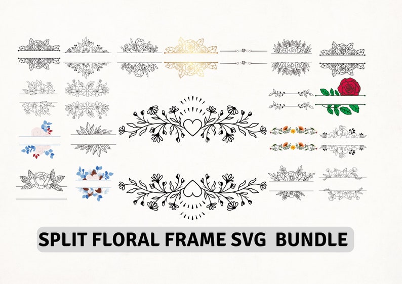 Split Floral Frame Svg Bundle, Floral Edge Svg, Wedding Frame ...