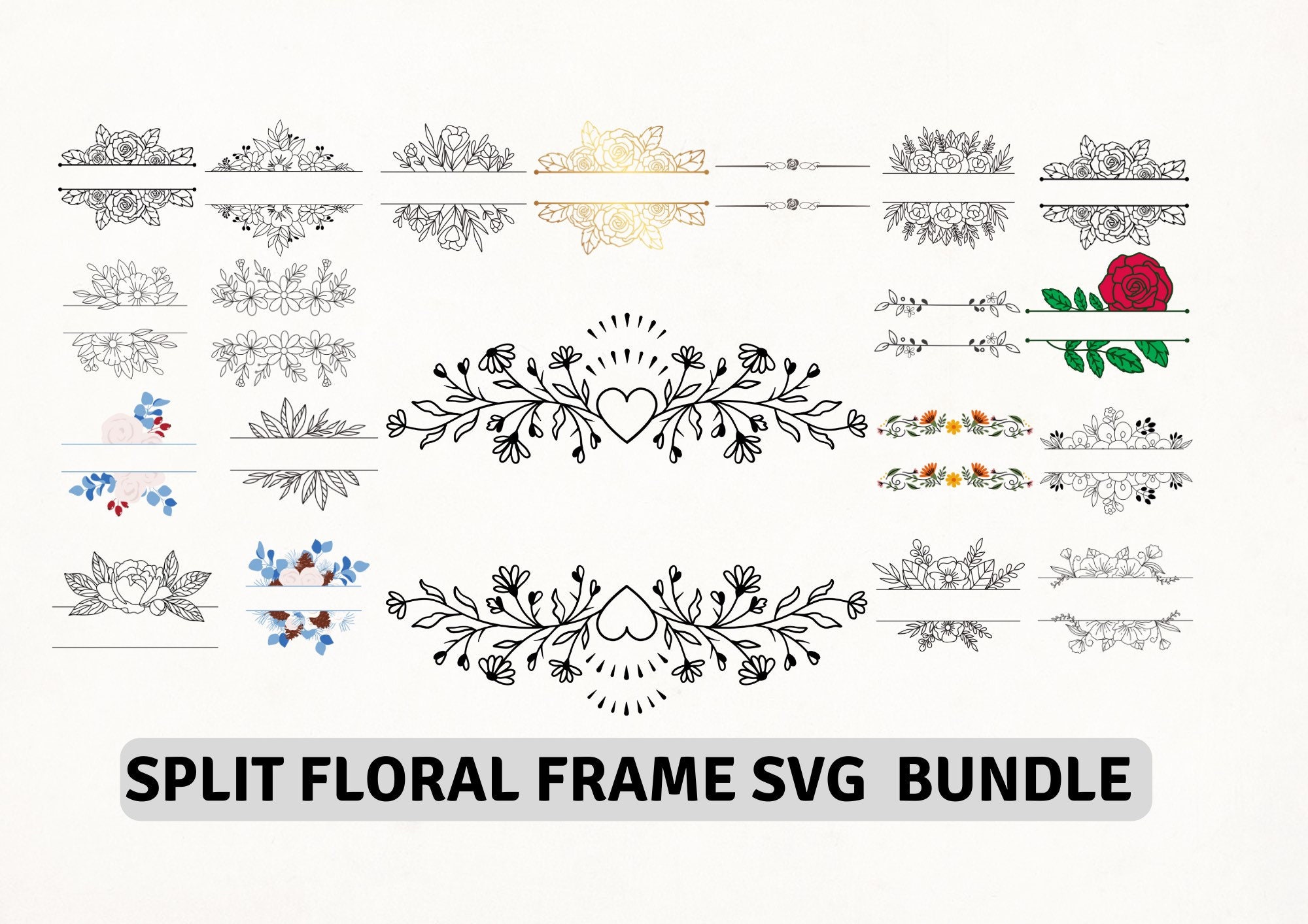 Split Floral Frame Svg Bundle, Floral Edge Svg, Wedding Frame ...