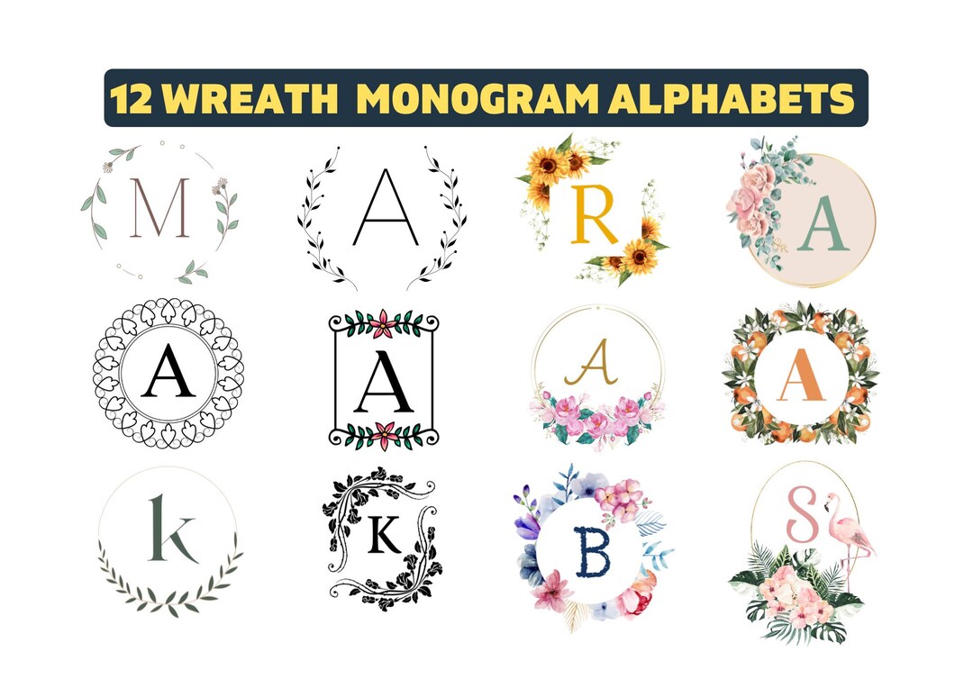 Wreath Monogram Svg Bundle, Wreath With Initial Png Bundle, Floral ...