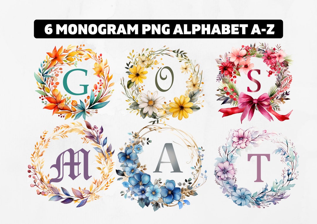 Wreath Monogram PNG Bundle, Floral Monogram, Initial Template, Letter ...