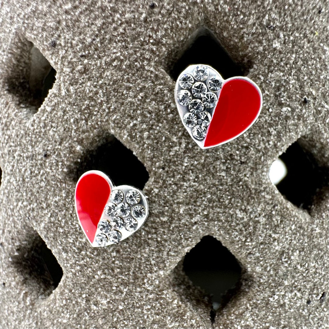 Silver Red Glitz Heart Studs, Silver, Enamel, Crystal, Pushback ...