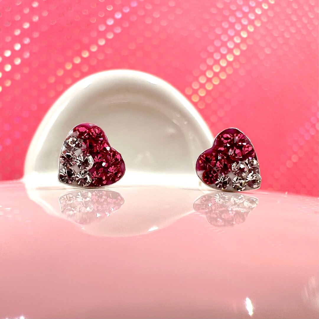 Silver Crystal Pink Dazzle Heart Studs, Silver, Crystal, Pushback ...