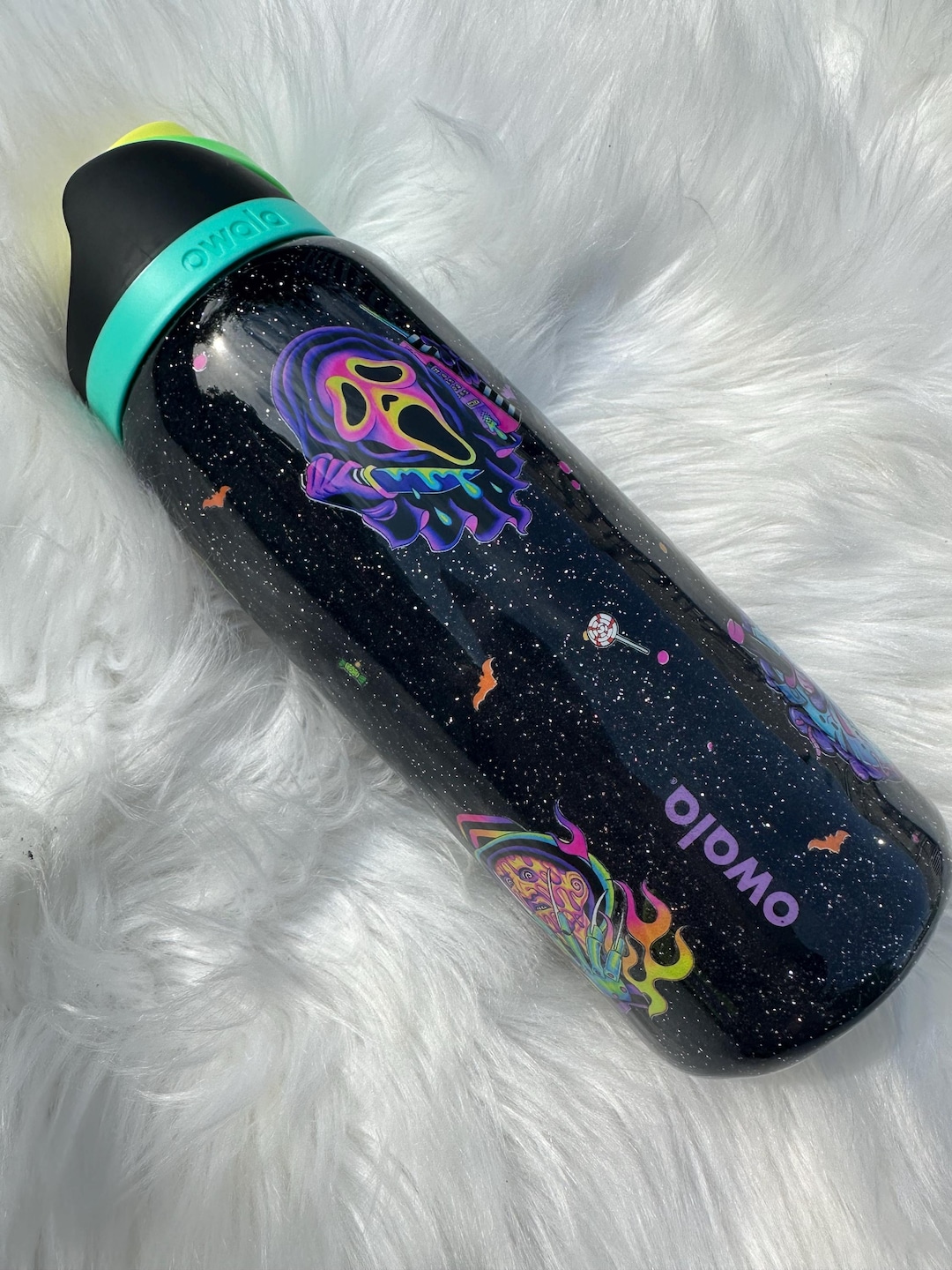 Custom Owala Water Bottle: Neon Horror Decals, Black Glitter - Etsy
