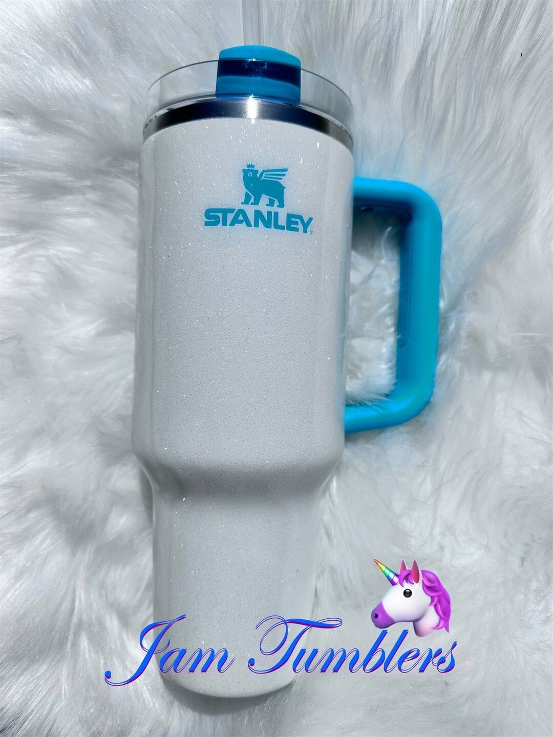40 Oz Authentic Stanley Tumbler With White Glitter and Teal Handle and ...