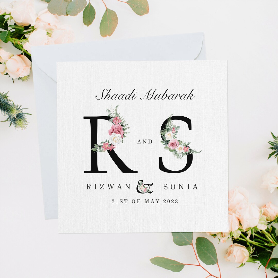 Personalised Shaadi Mubarak Card, Initial Floral Wedding Card, Nikkah ...