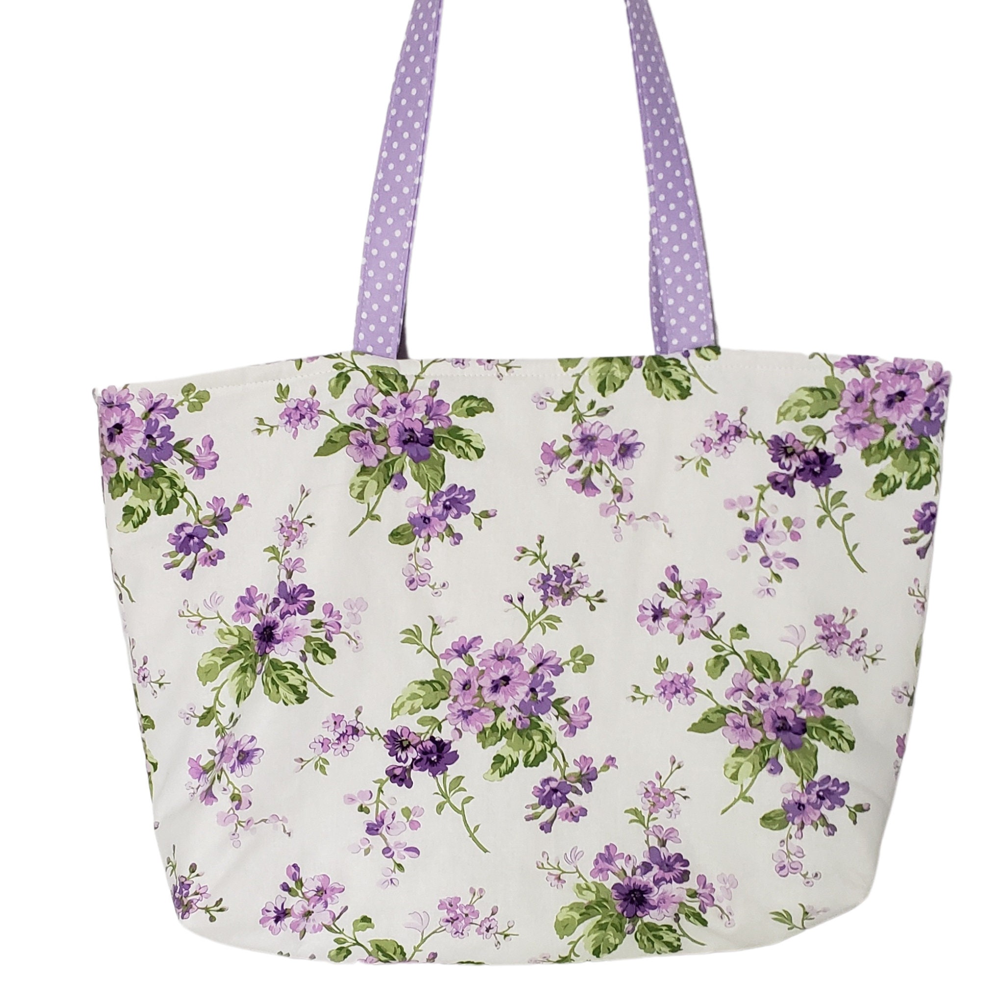 Purple Floral Fabric Tote, Spring Floral Fabric Tote, Purple and ...