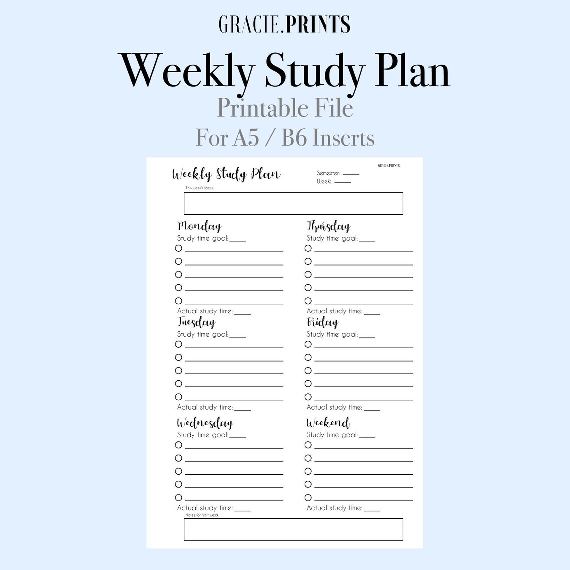 Weekly Study Plan for Students Printable Planner Insert for | Etsy