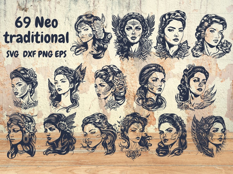 69 Female Face Neo Traditional Stencil - Etsy