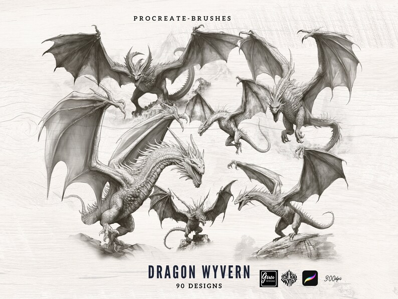 Dragon Wyvern Dragon Stamps, Procreate Stamps, Procreate Brushes ...