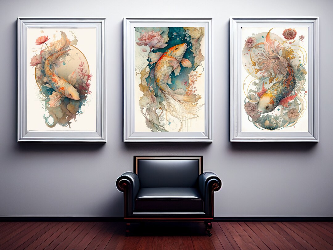 Koi Fish Art | Koi Fish Art Print | Set of 3 Wall Art | Water Color Art ...