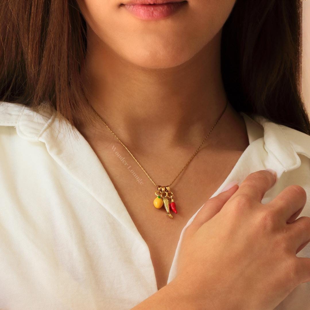 Italian Summer Charm Necklace - Chilli Necklace Lemon Necklace Gold ...