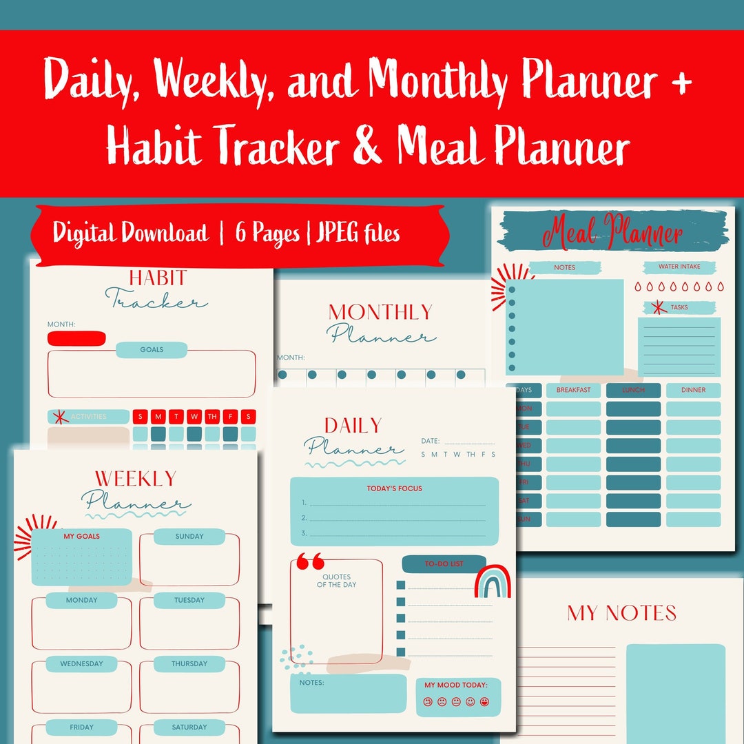 Daily Weekly Monthly Planner - Red and Teal - Etsy