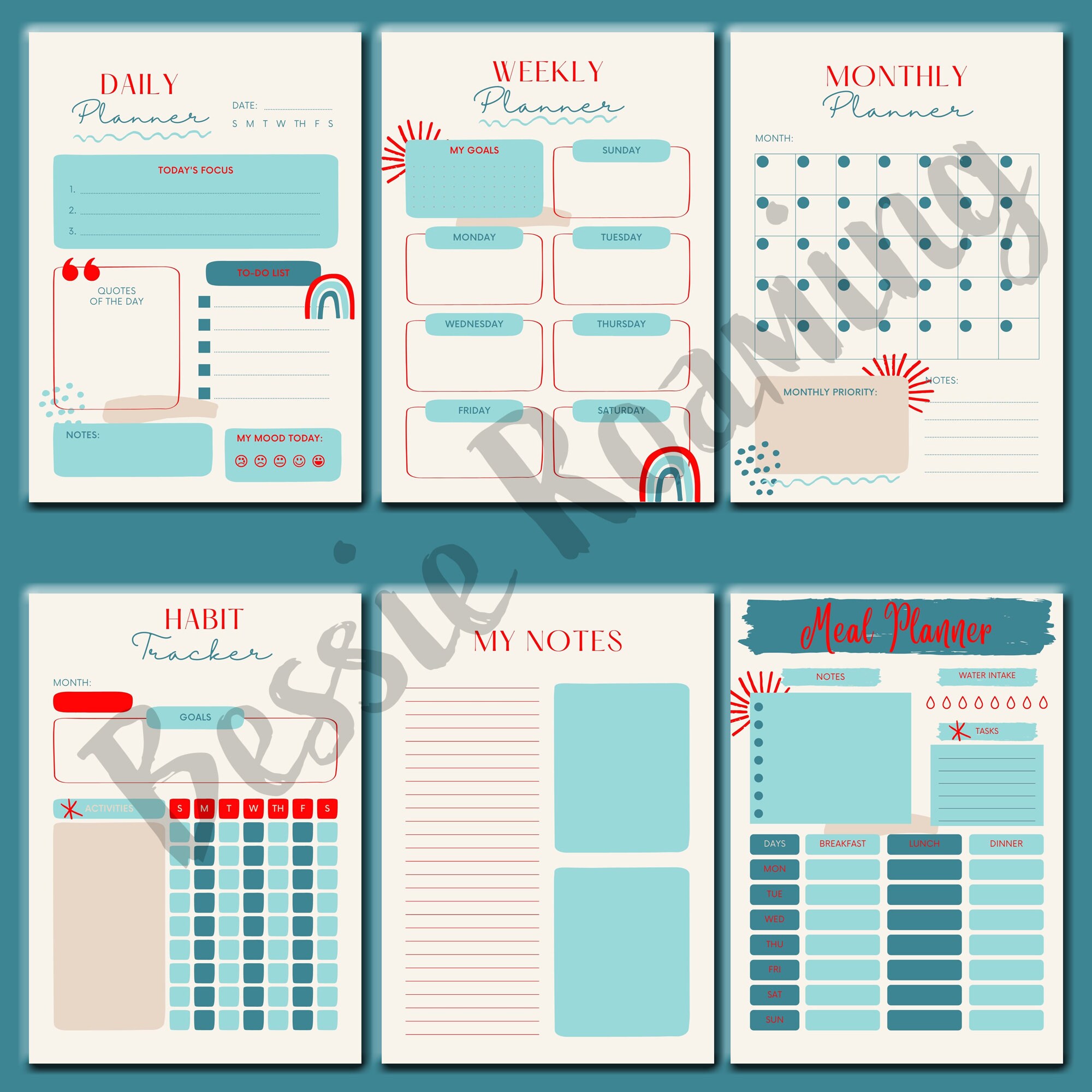 Daily Weekly Monthly Planner - Red and Teal - Etsy