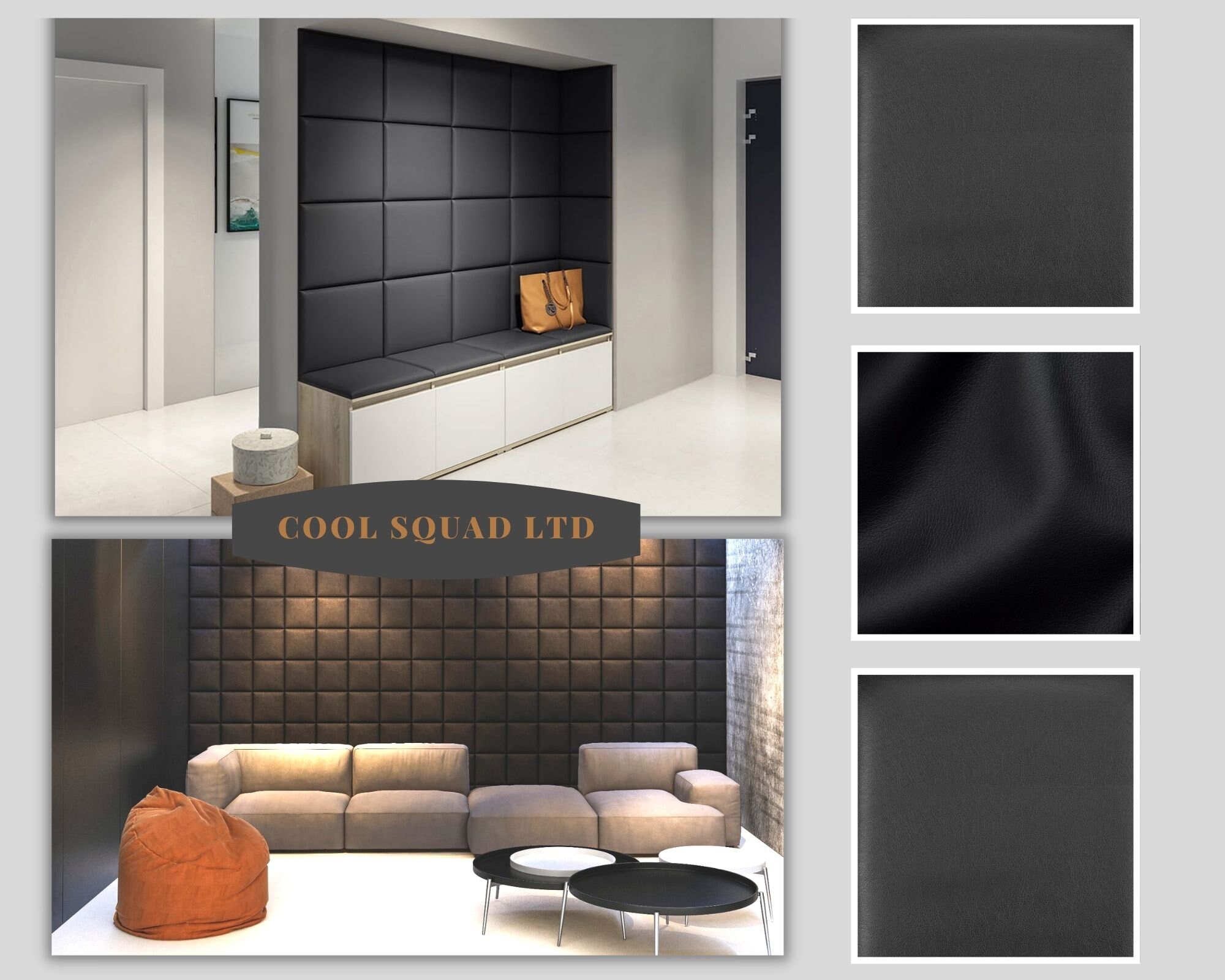 Black 100% Genuine Leather Square Upholstered Wall Panel | Etsy UK