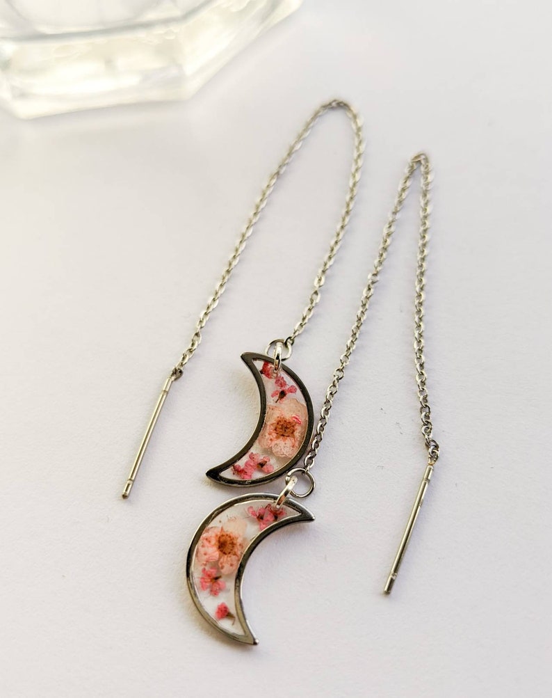 Celestial Crescent Moon Pressed Resin Flower Pull Through Earrings - Etsy