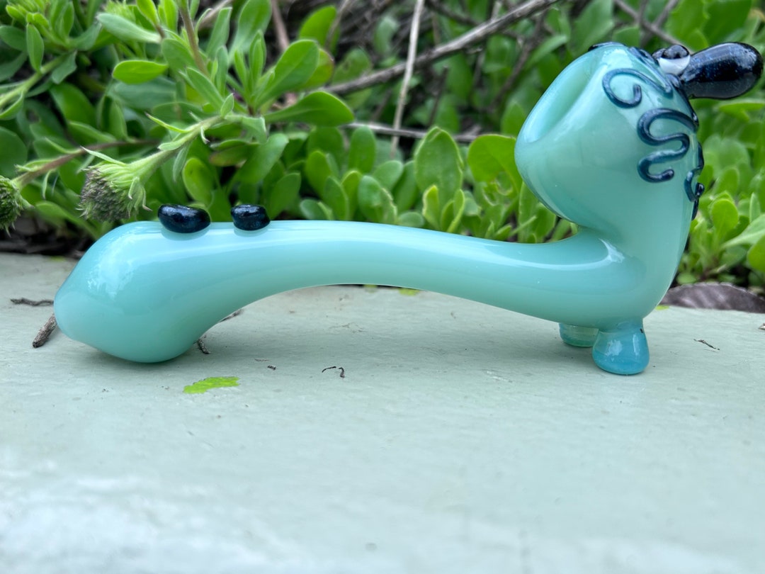 TOBACCO GLASS 6” Jade Sherlock Glass Pipe With Heavy Blue Leprechaun ...