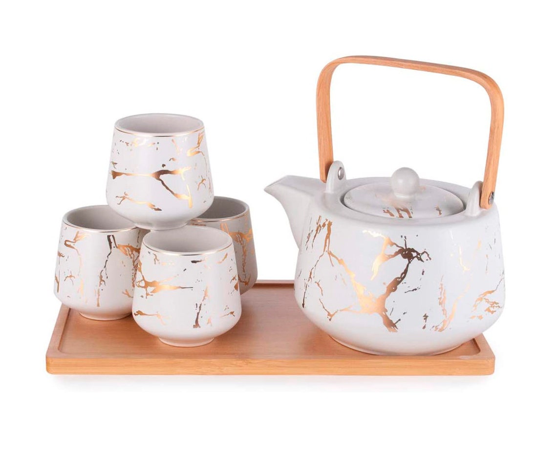 Modern Style Marble Design Porcelain Tea Set 42 Fl Oz Teapot - Etsy