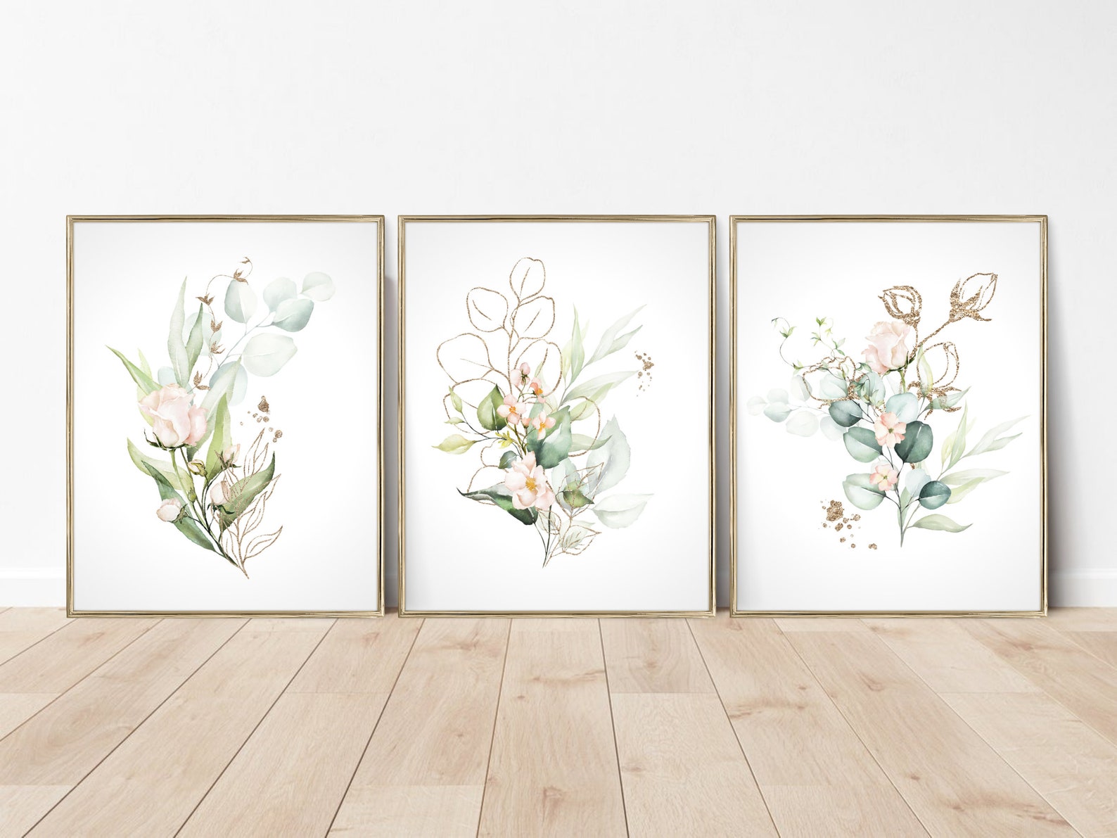 Printable Boho Floral Botanical Wall Art, SET OF THREE, Watercolor ...