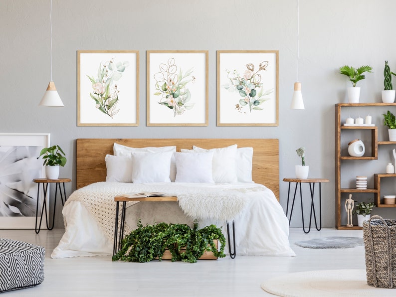 Printable Boho Floral Botanical Wall Art, SET OF THREE, Watercolor ...