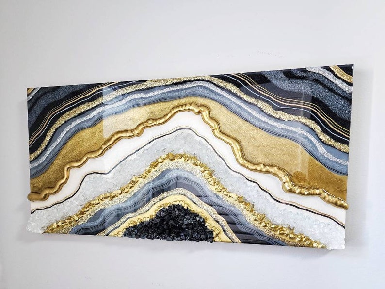 Black and Gold Resin Geode Wall Art / Grey Geode Resin Painting / Gray ...