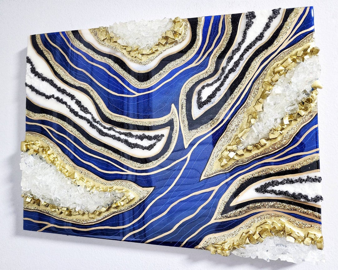 Blue Geode Wall Art / Gold Resin Wall Art / Navy Geode Resin Painting ...