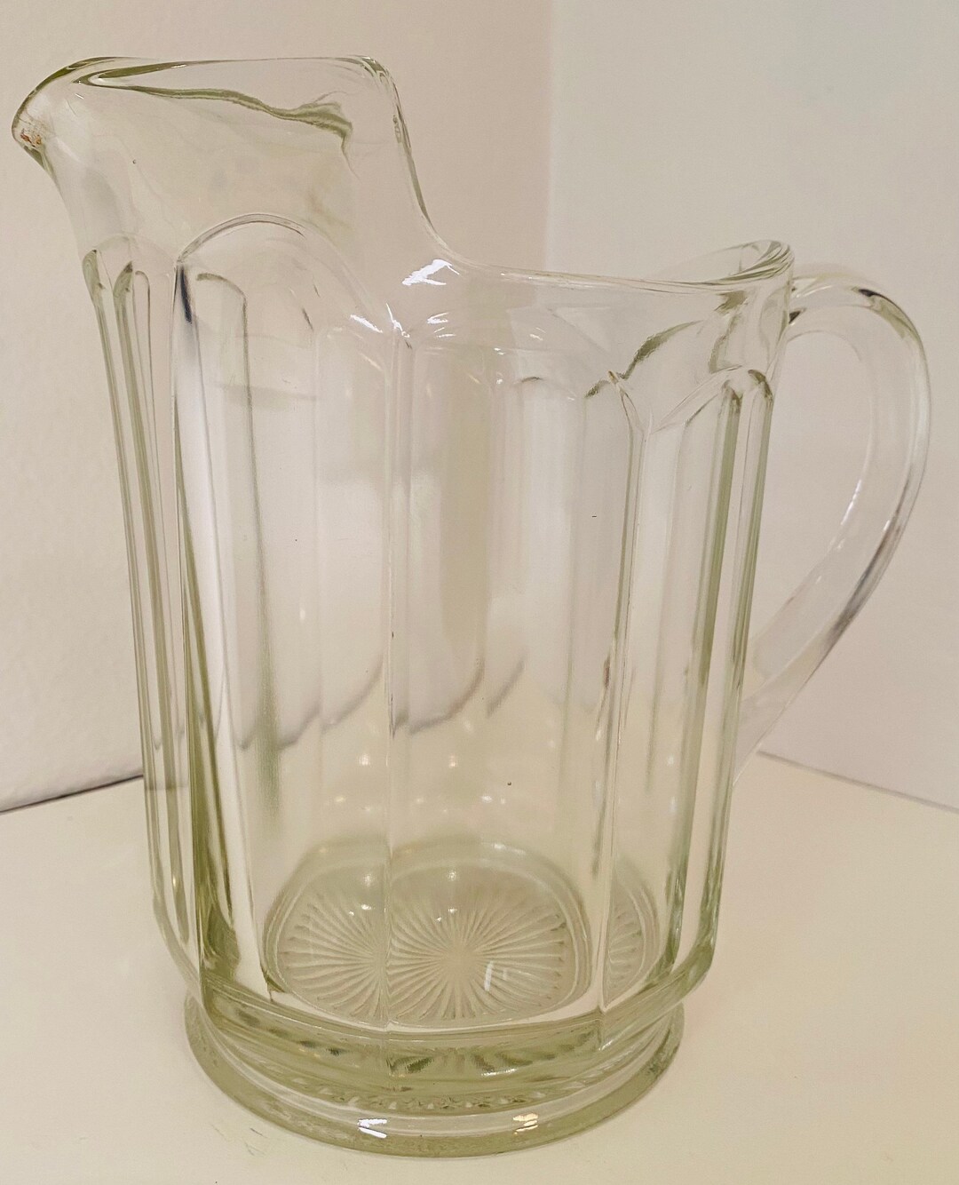 Vintage Heavy Pressed Glass Pitcher With Ribbon Edge Design, Starburst ...