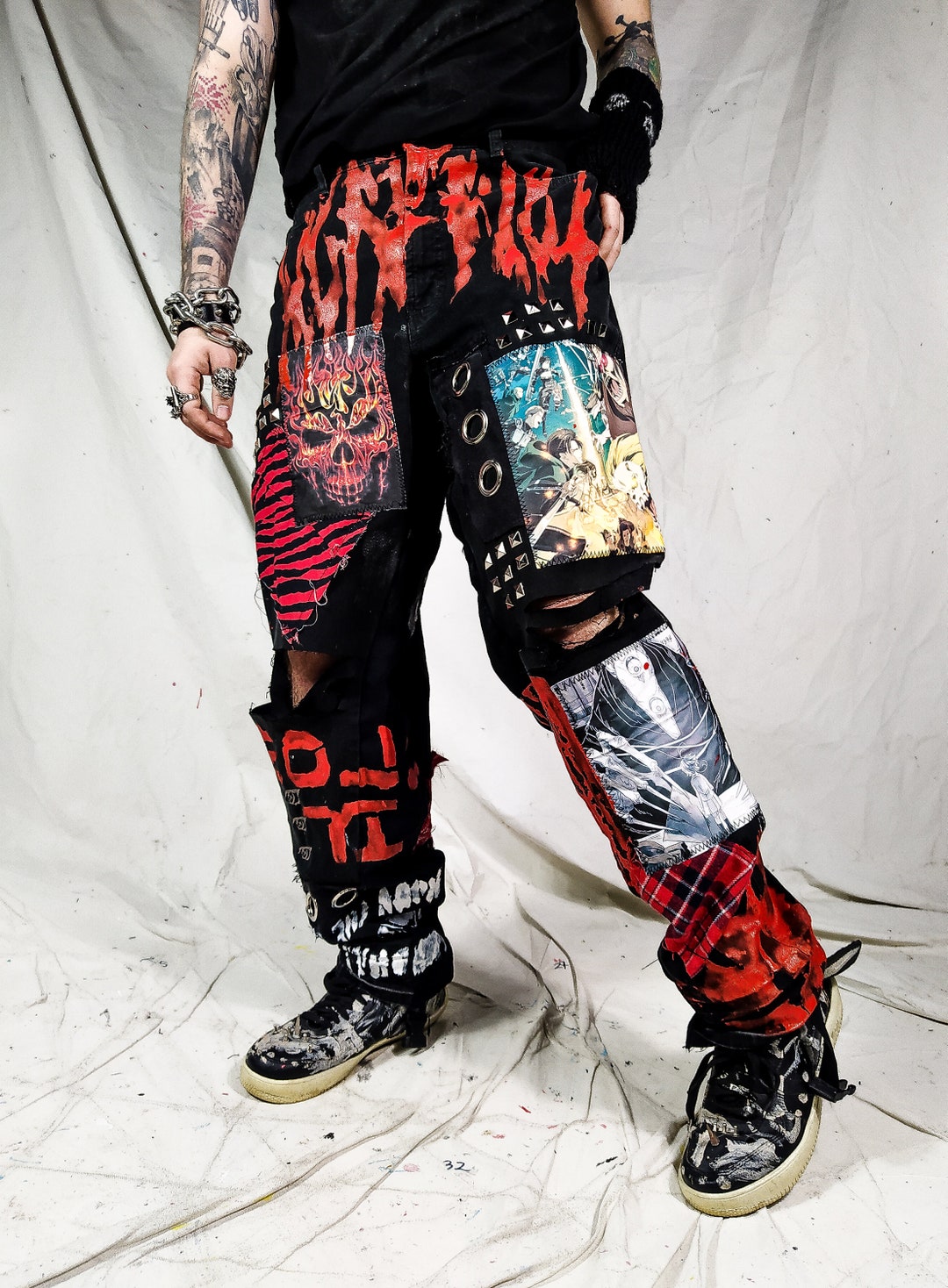 Custom Edgy Red Skull Punk Rock Ripped Goth Metal Emo Dark Abstract ...