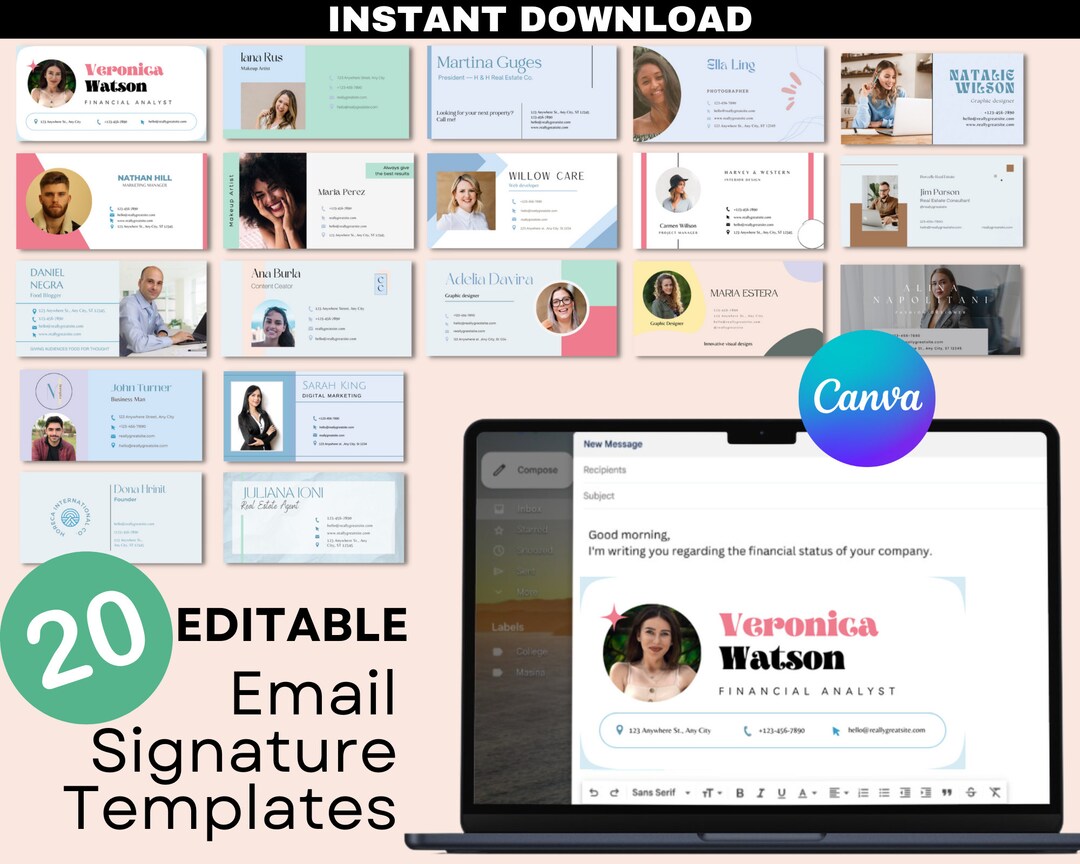 Email Signature 20 Templates Bundle INSTANT DOWNLOAD EDITABLE in Canva ...