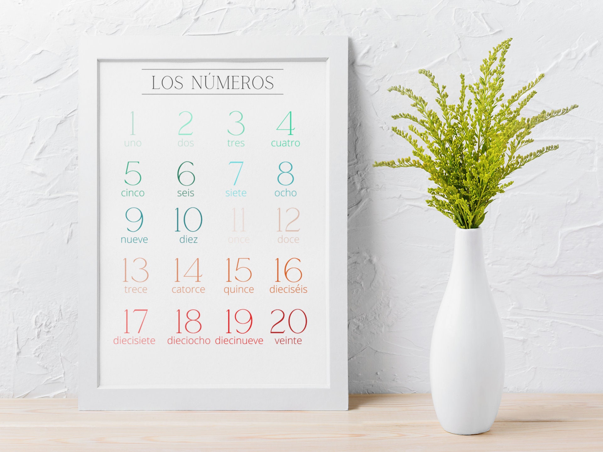 SPANISH Number Chart 1-20 for Kid's Room INSTANT DOWNLOAD Homeschool or ...