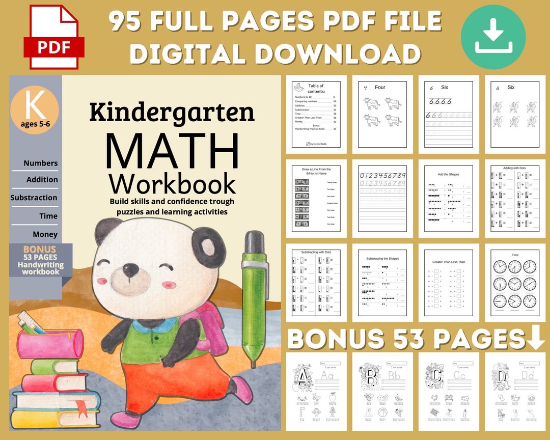 Kindergarten Math Workbook 95 Pages Bonus Handwriting Practice Book ...