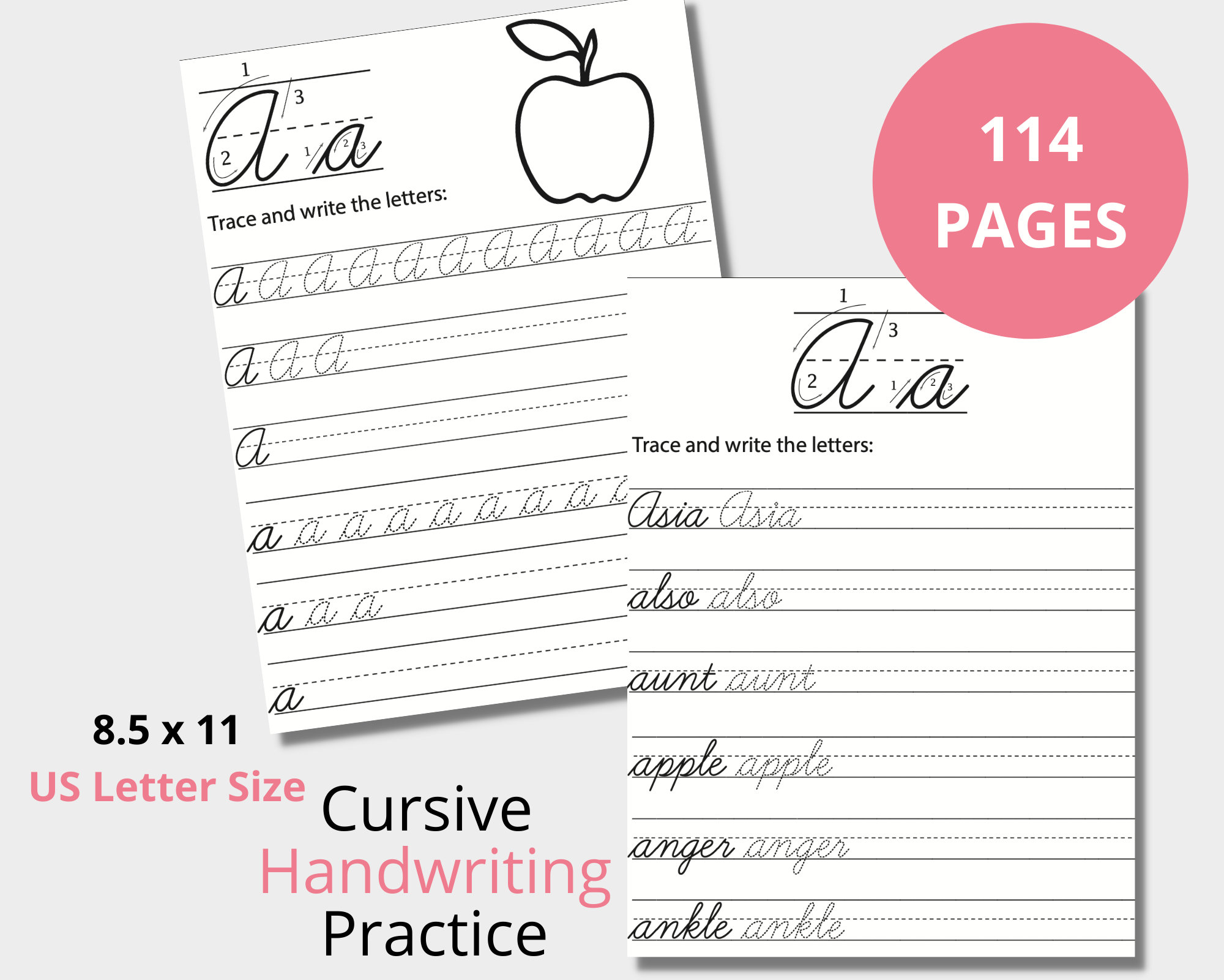 Cursive Workbook 114 Pages INSTANT DOWNLOAD Practice Words Handwriting ...